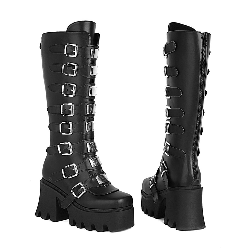 Gothic Buckle Boots - Black Knee High Shoes for a Stylish Punk Look