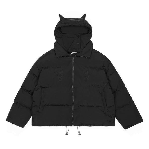 Black Devil Horn Puffer Jacket with Detachable Hood